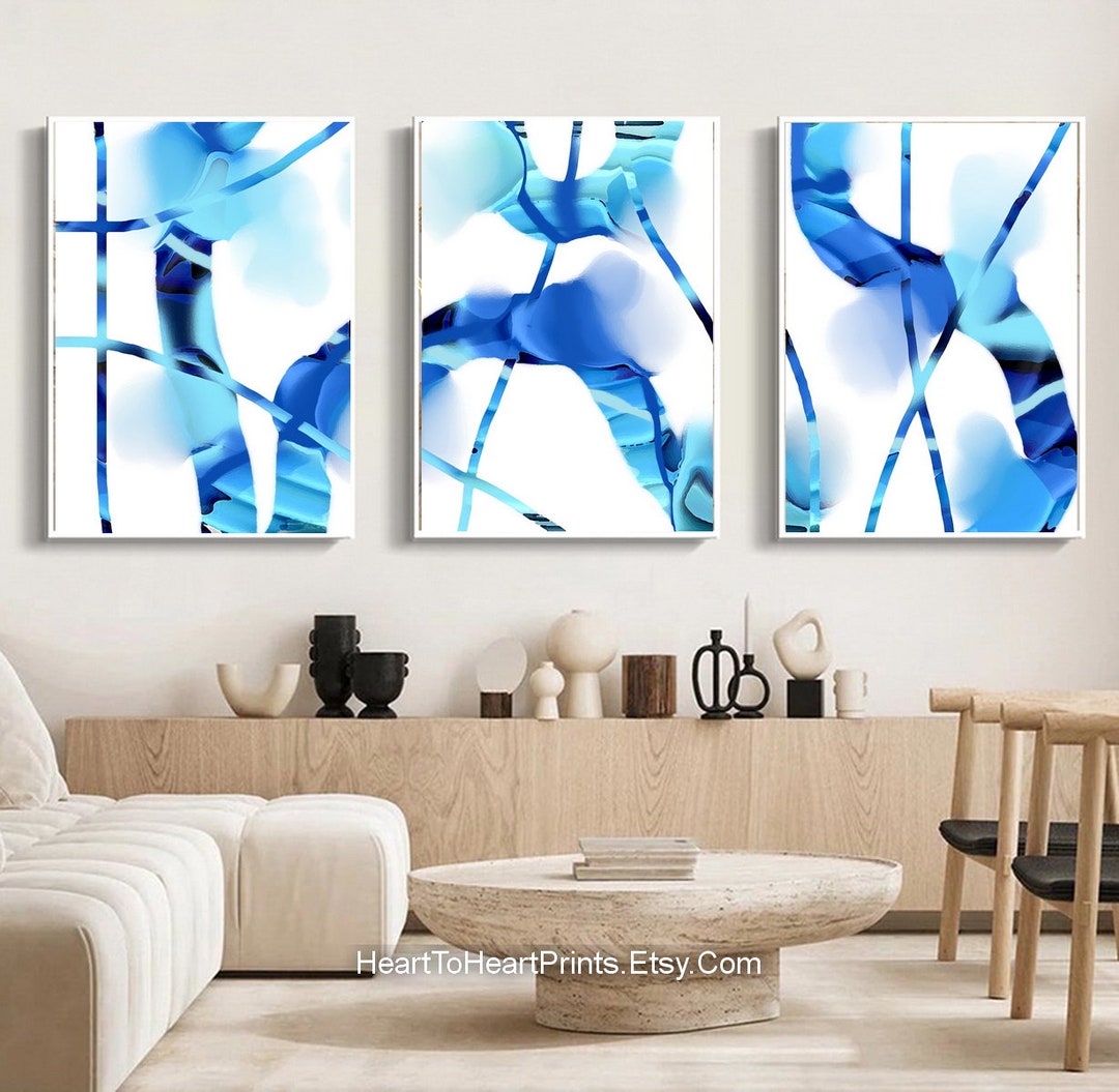 Aqua Blue Abstract Painting PRINTABLE Wall Art Set of 3 Minimal Blue ...