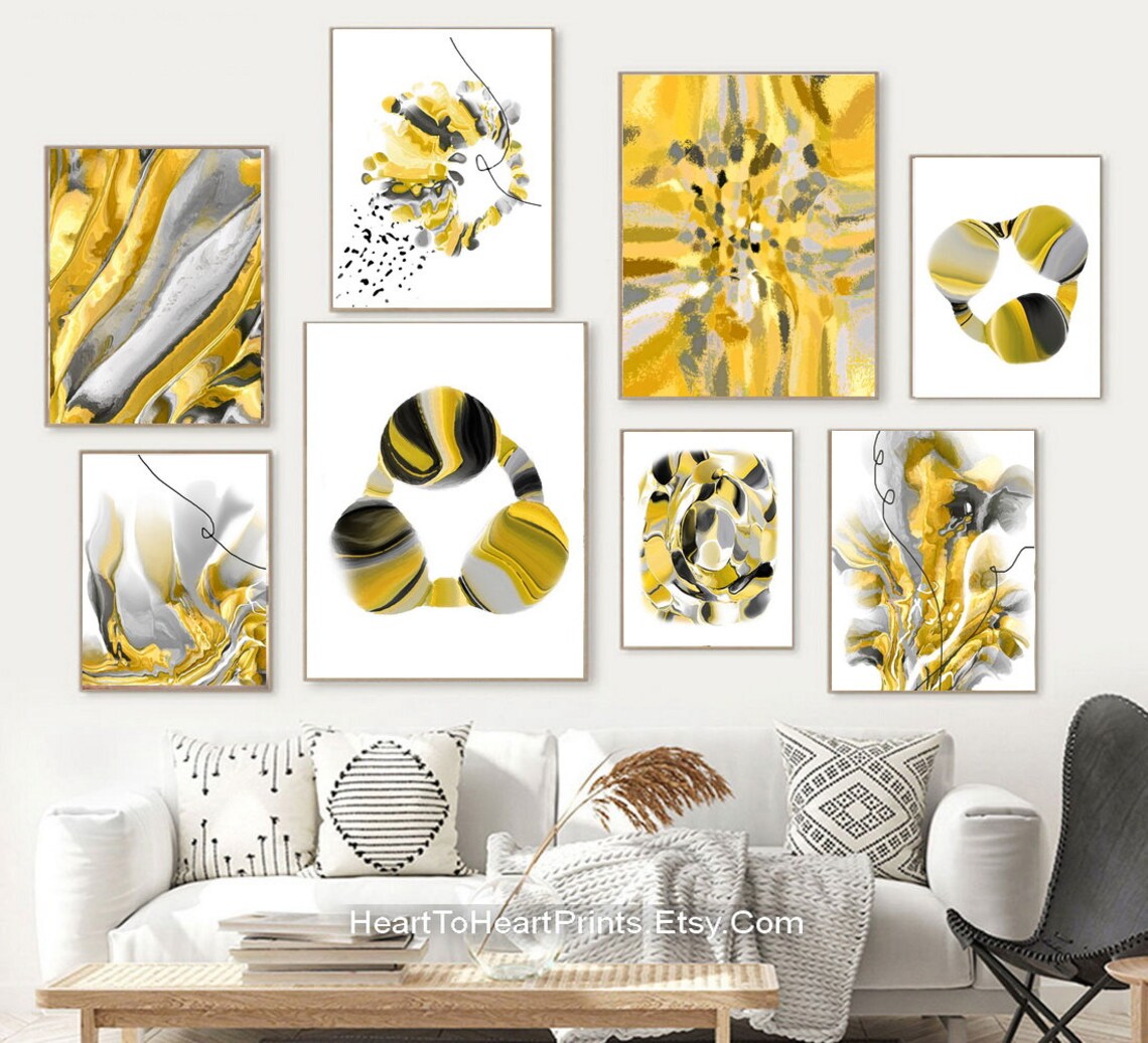 Yellow Gray Black Abstract Set of 12 Posters Abstract Painting - Etsy