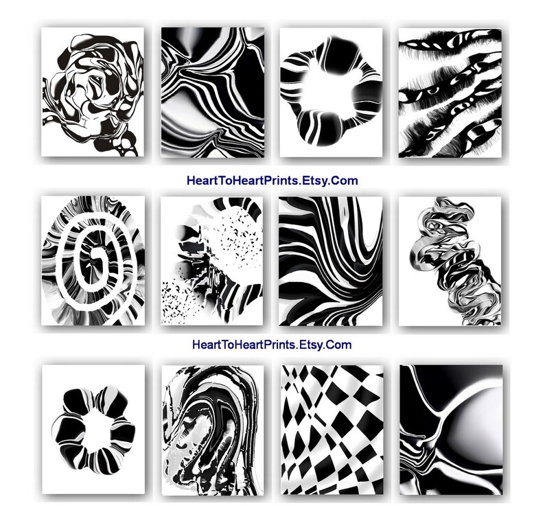 Black White Abstract Set of 12 Posters Abstract Painting PRINTABLE Wall ...