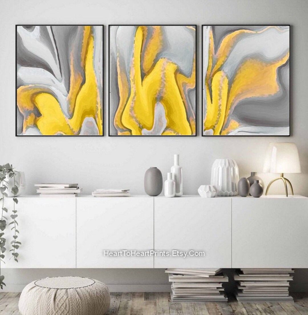 Mustard Yellow Gray Abstract Painting Set of 3 Prints Abstract ...