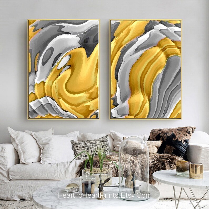 Yellow Gray Abstract Painting Set of 2 Prints PRINTABLE Wall Art ...