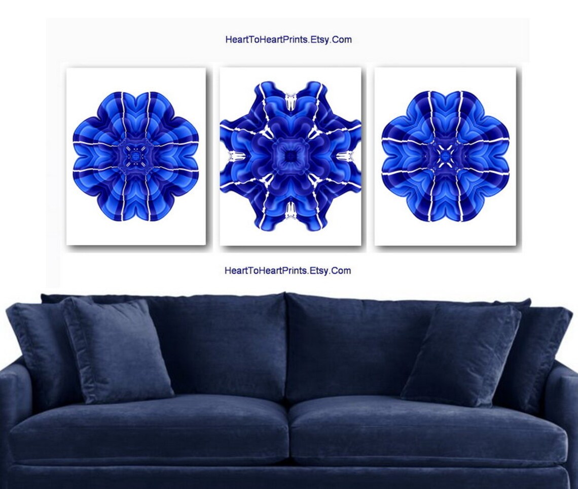 Royal Blue Wall Art Set of 3 Prints Blue Flower Printable Wall | Etsy