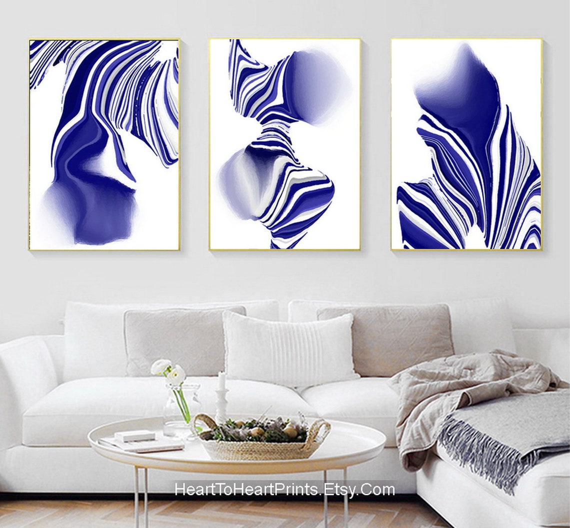 Navy Blue Abstract Painting PRINTABLE Wall Art Set of 3 - Etsy