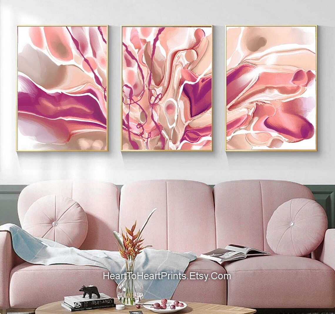 Pink Abstract Painting Set of 3 Blush Pink Maroon Abstract Art - Etsy
