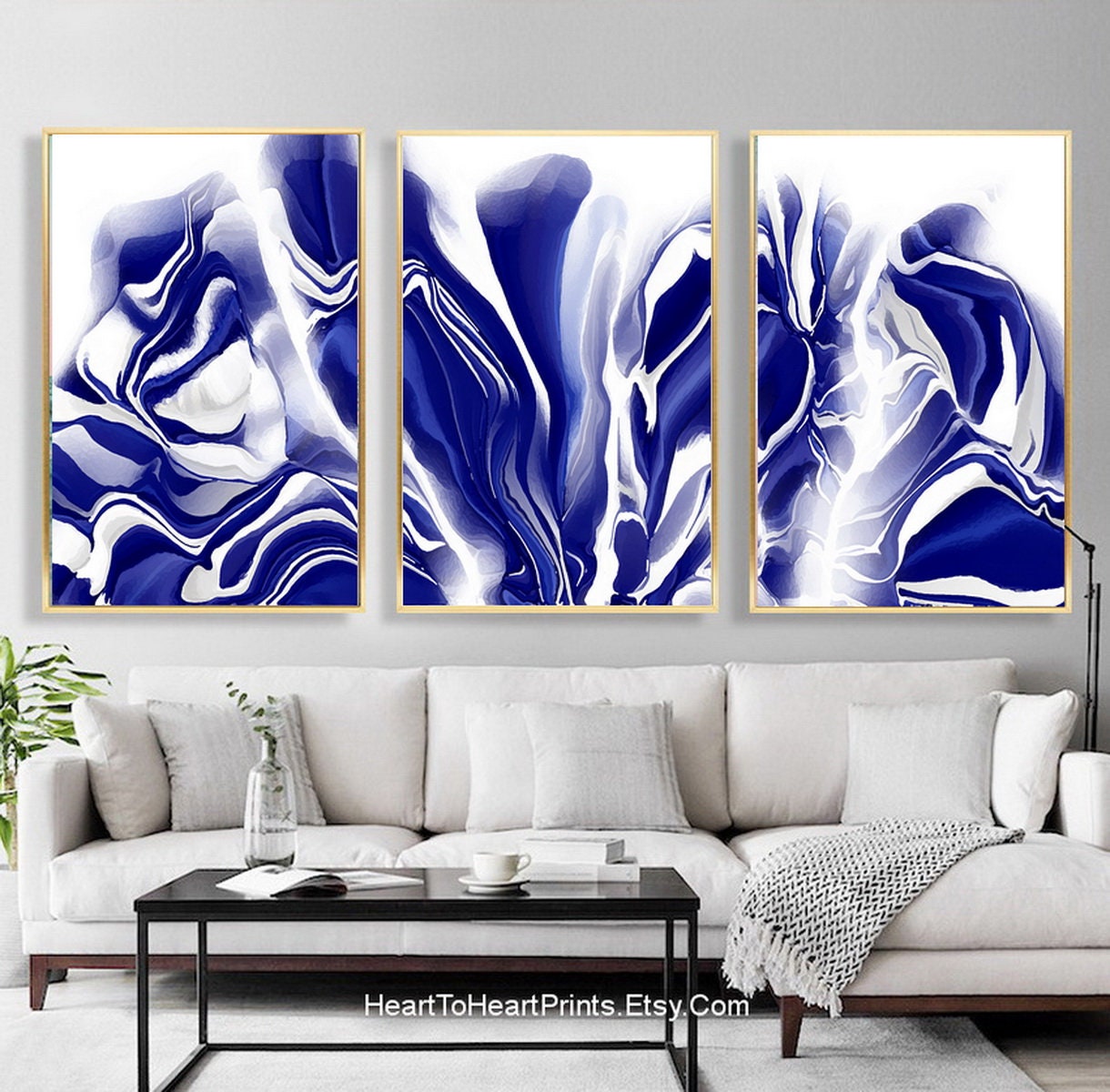 Navy Blue Abstract Painting PRINTABLE Wall Art Set of 3 - Etsy
