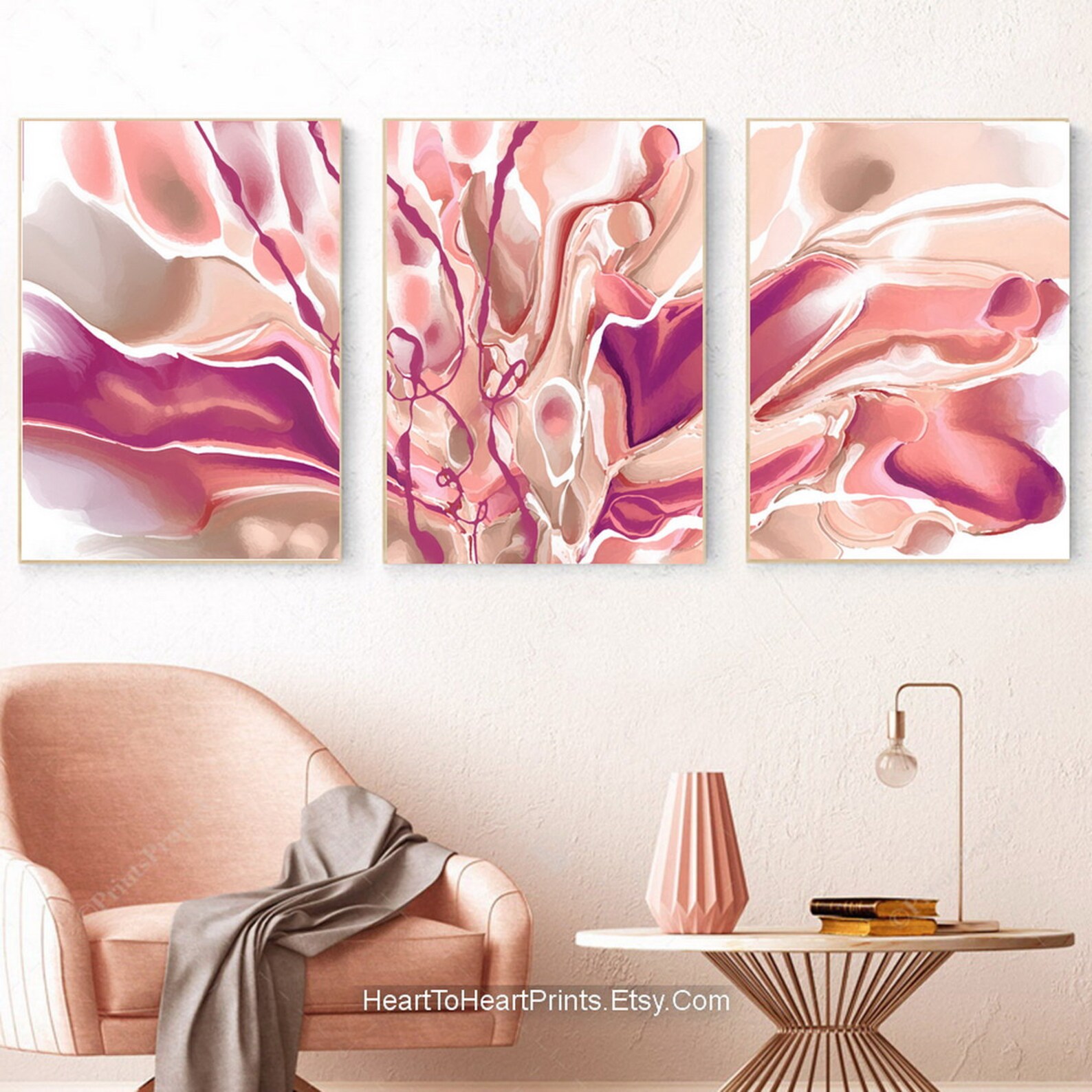 Pink Abstract Painting Set of 3 Blush Pink Maroon Abstract Art - Etsy