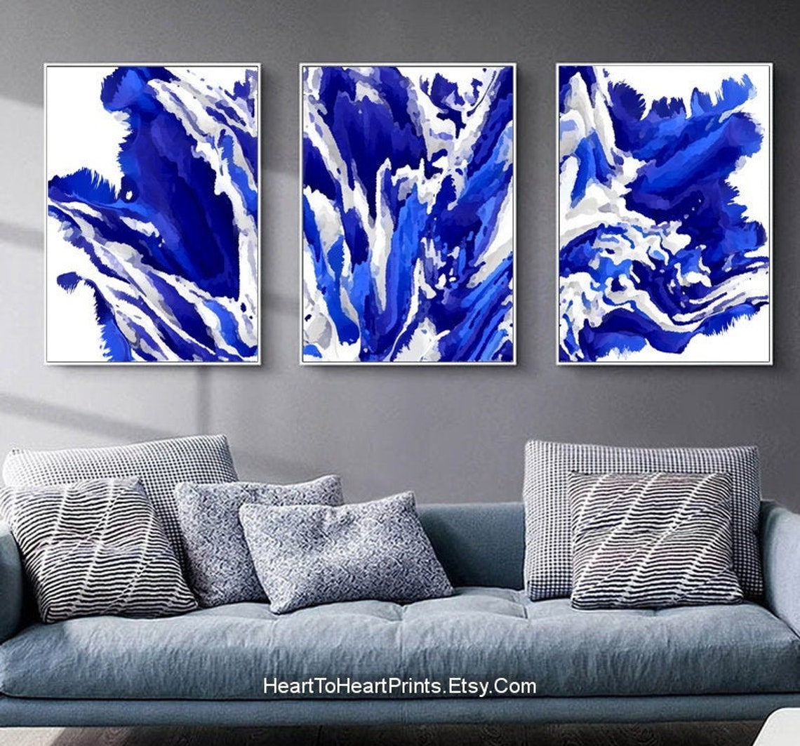Blue Abstract Painting Set of 3 Posters Living Room Set of 3 - Etsy