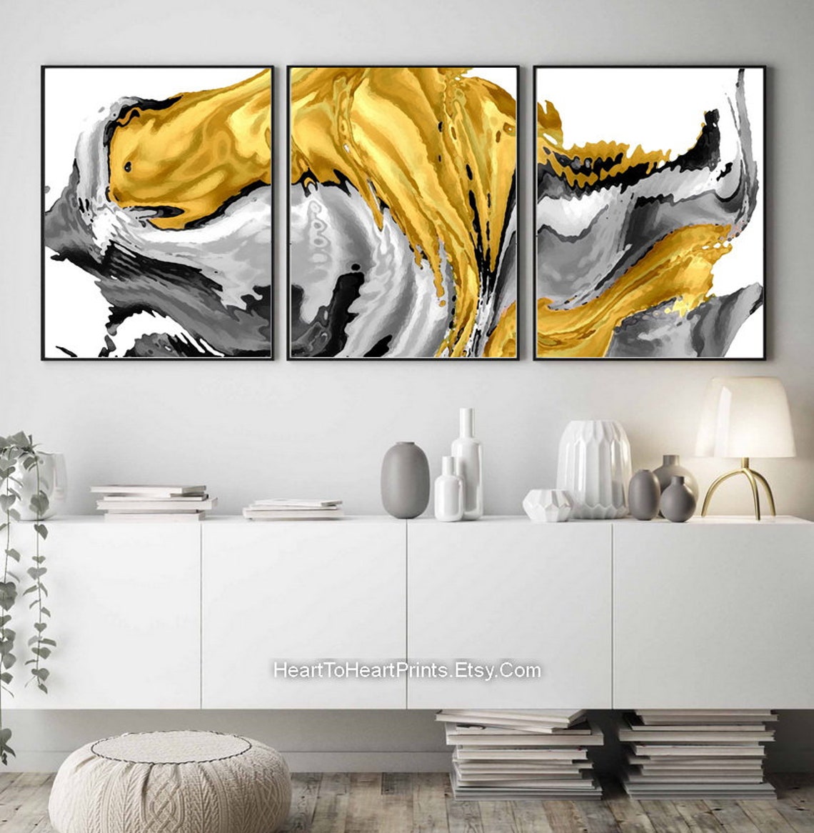 Yellow Gray Black Abstract Painting Printable Wall Art Set of | Etsy