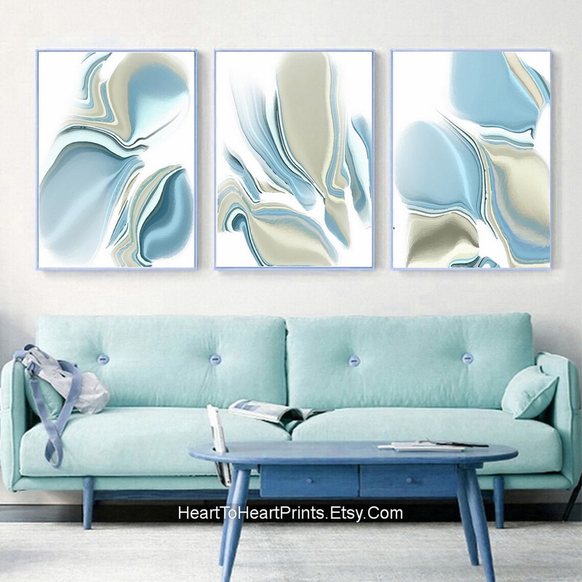 Blue Abstract Painting PRINTABLE Wall Art Set of 3 Sky Blue - Etsy