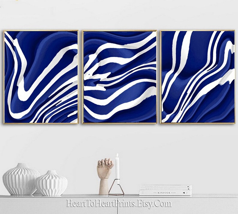 Navy Abstract Painting Set of 3 Prints Minimalist Wall Art - Etsy