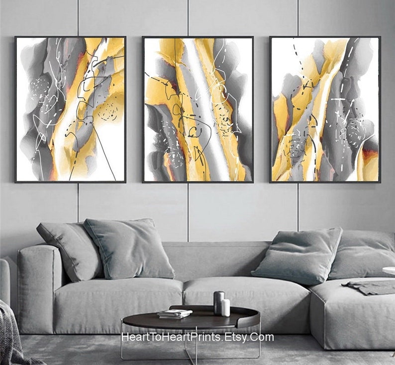 Yellow Gray Abstract Painting Set of 3 Printable Wall Art Mustard ...