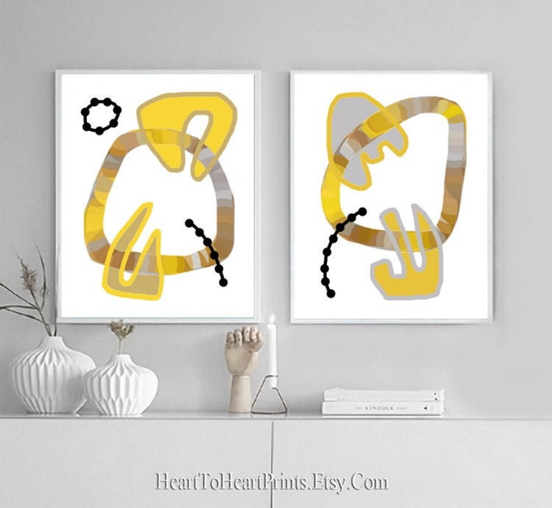 Yellow Gray Abstract Minimalist Set of 2 Prints Geometric Shapes ...