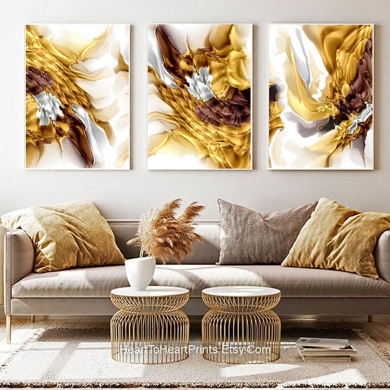 Yellow Brown Abstract Set of 3 Posters Large 18x24 Inch Abstract Canvas ...