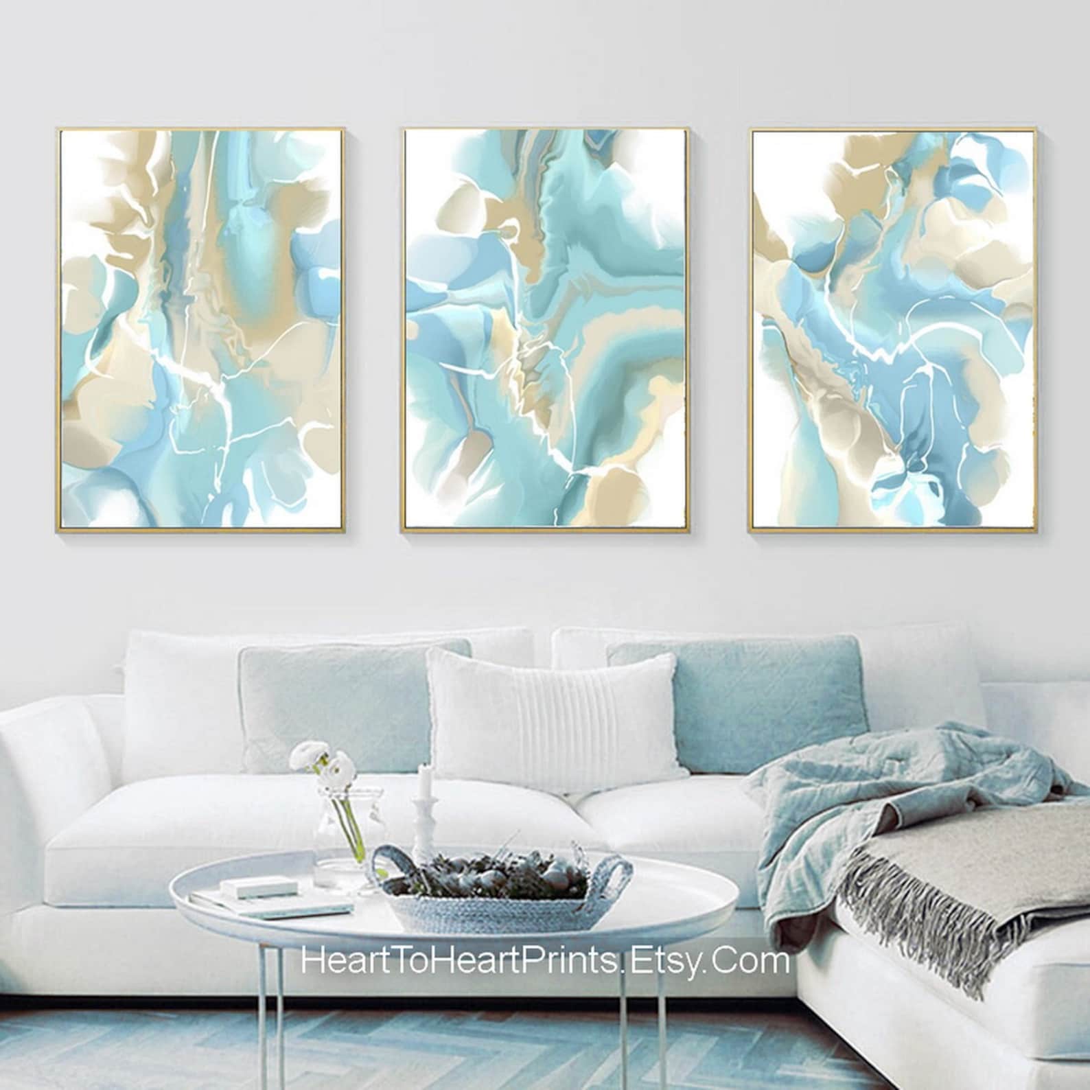 Pastel Blue Abstract Wall Art Set of 3 Light Blue Beige Abstract ...