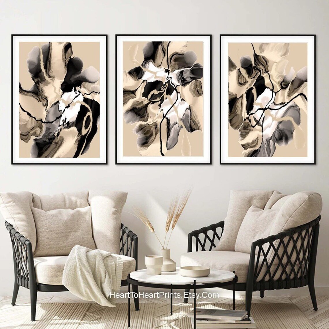Neutral Abstract Set of 3 Posters Beige Black White Abstract | Etsy