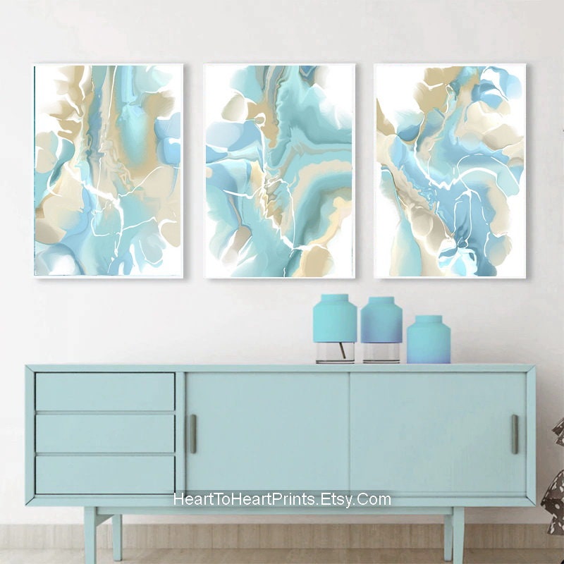 Aqua Blue Abstract Set of 3 Turquoise Teal Abstract Painting - Etsy