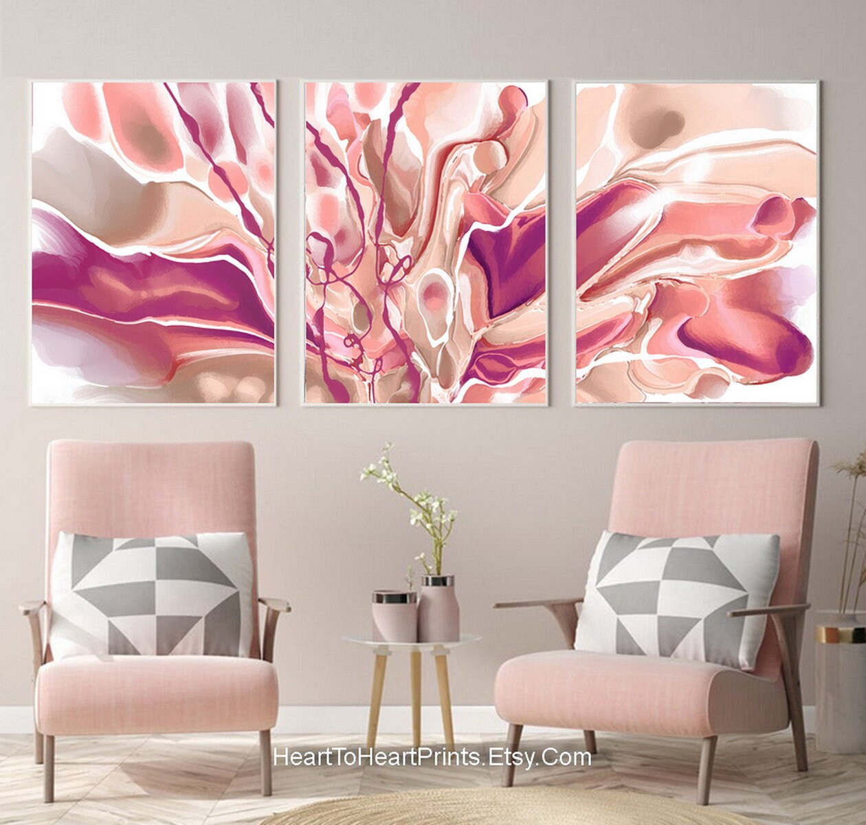 Pink Abstract Painting Set of 3 Blush Pink Maroon Abstract Art - Etsy