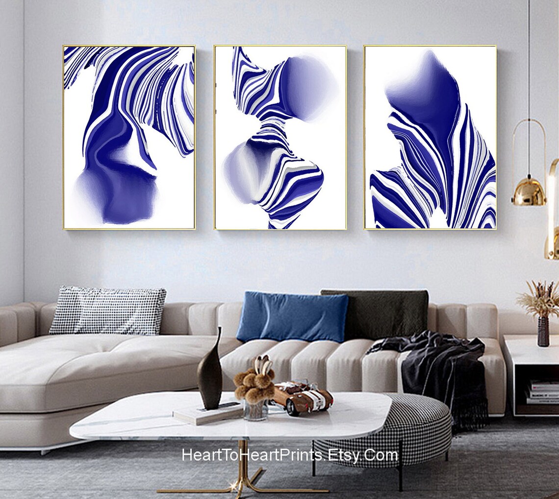 Navy Blue Abstract Painting PRINTABLE Wall Art Set of 3 - Etsy