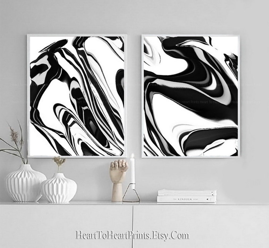 Black White Abstract Set of 2 Prints Printable Artwork Black | Etsy
