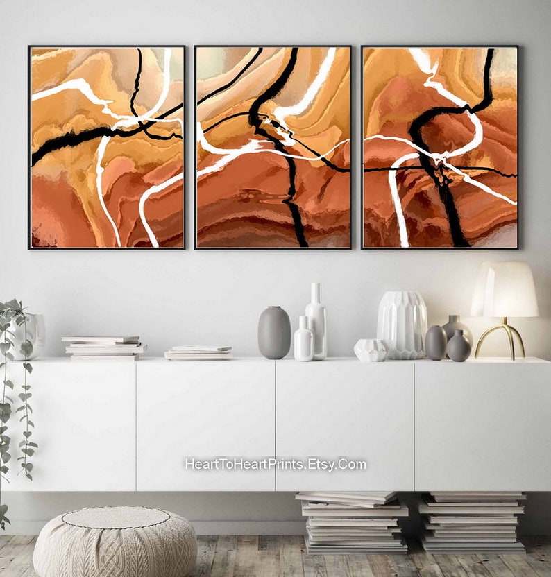 Burnt Orange Abstract PRINTABLE Art Set of 3 Posters Orange Black White ...