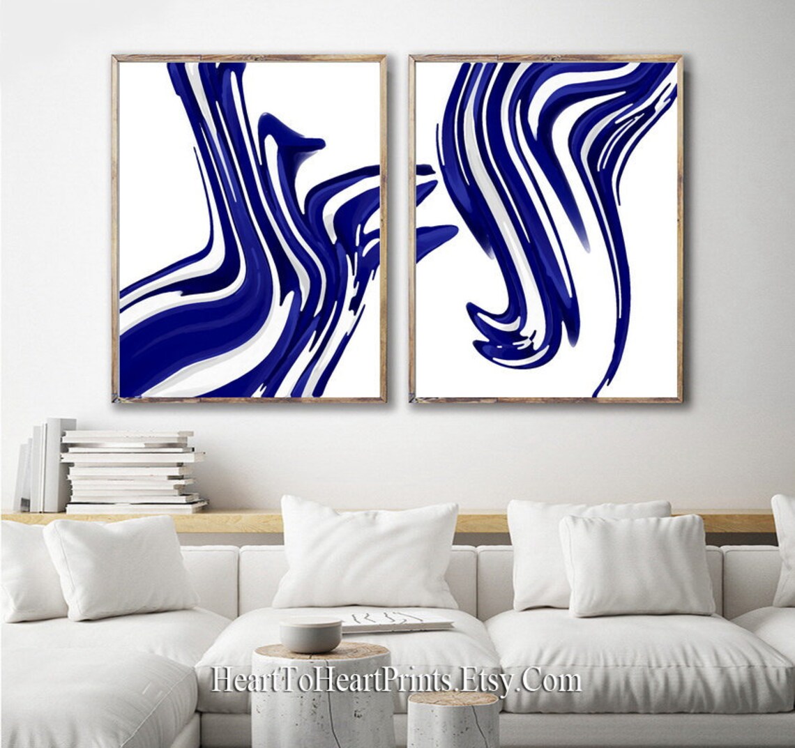 Blue Line Drawing Set of 2 Prints Blue Abstract Prints Navy | Etsy