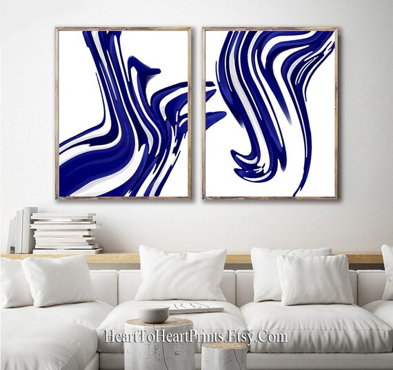Blue Line Drawing Set of 2 Prints Blue Abstract Prints Navy | Etsy