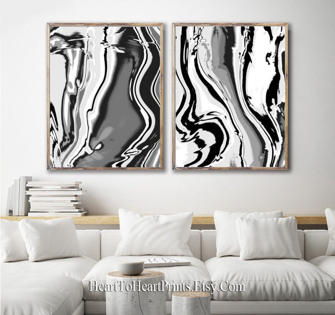 Black White Abstract Set of 2 Prints Printable Artwork Black White Gray ...