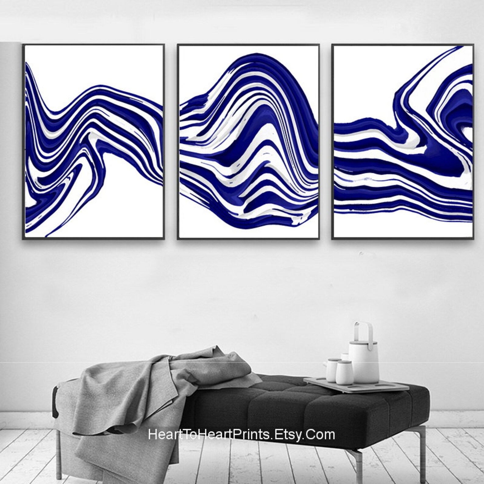 Navy Blue Abstract Painting PRINTABLE Wall Art Set of 3 - Etsy