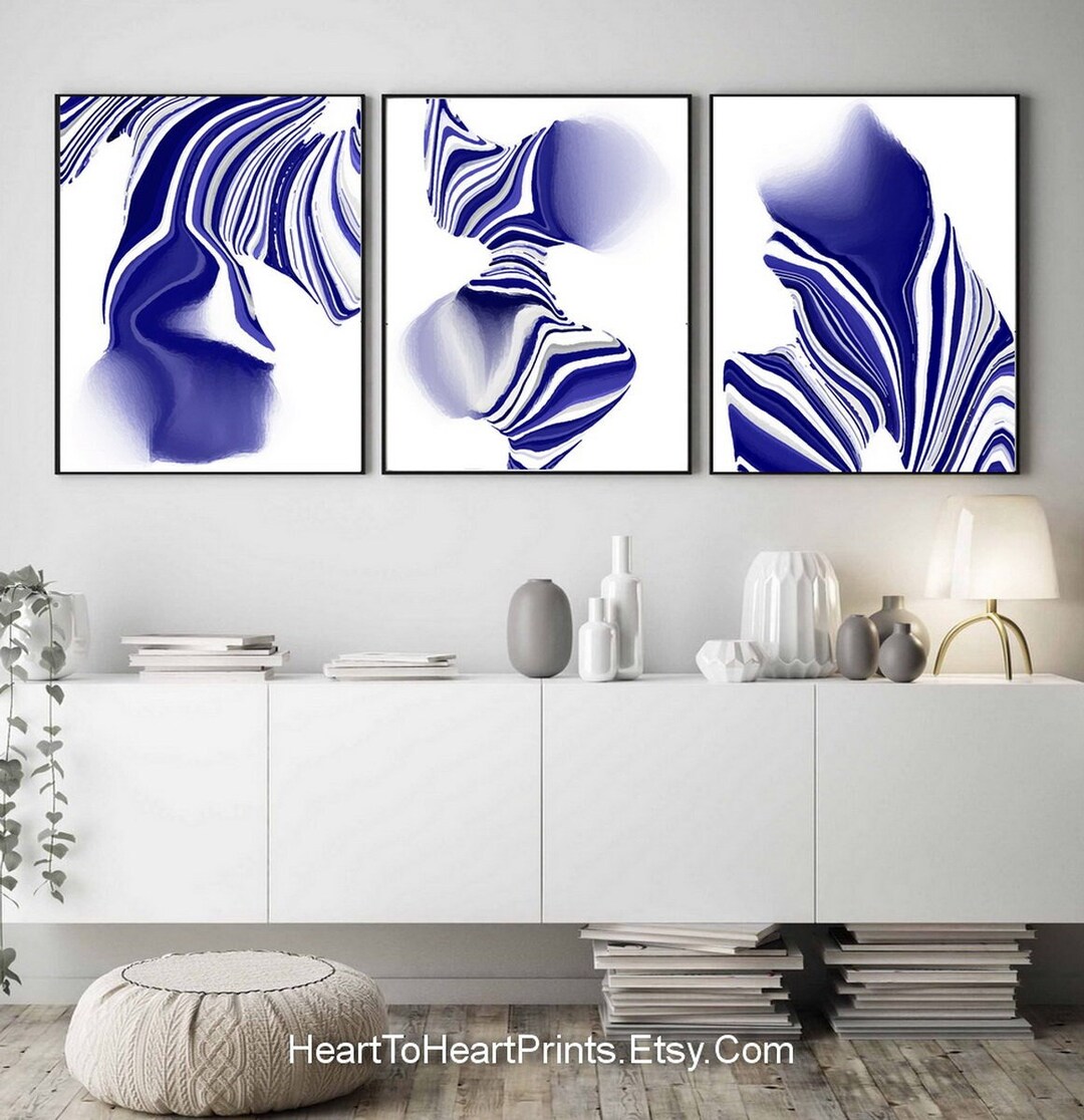 Navy Blue Abstract Painting PRINTABLE Wall Art Set of 3 - Etsy