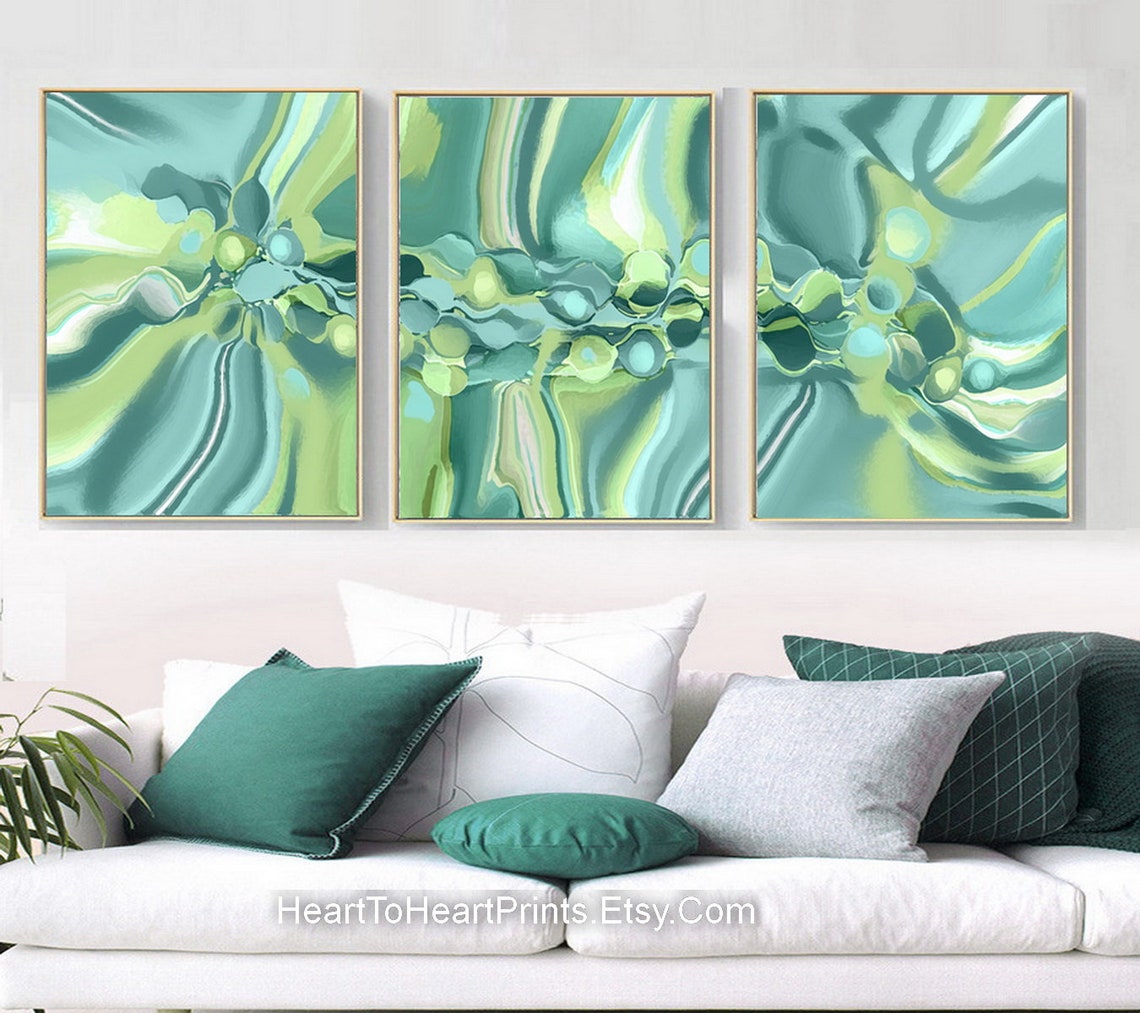 Green Abstract Wall Art Set of 3 PRINTABLE Art Lime Teal - Etsy