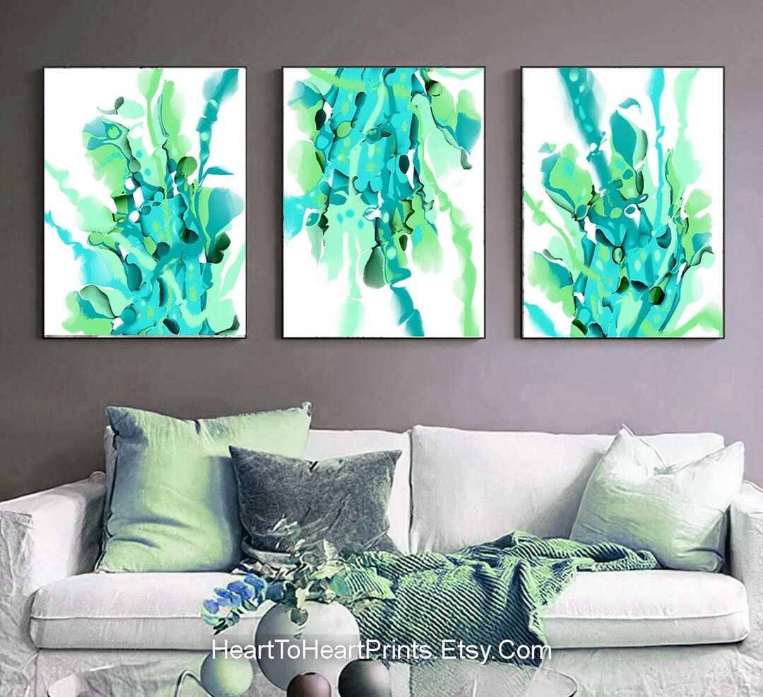 Green Wall Decor 3 Poster Set Canvas Abstract Painting - Etsy