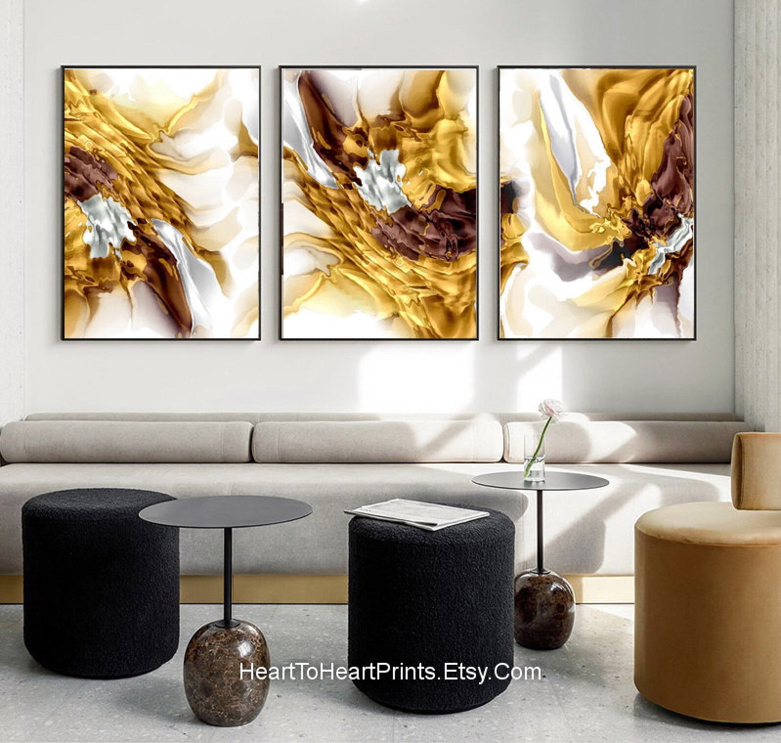 Yellow Brown Abstract Set of 3 Posters Large 18x24 Inch Abstract Canvas ...