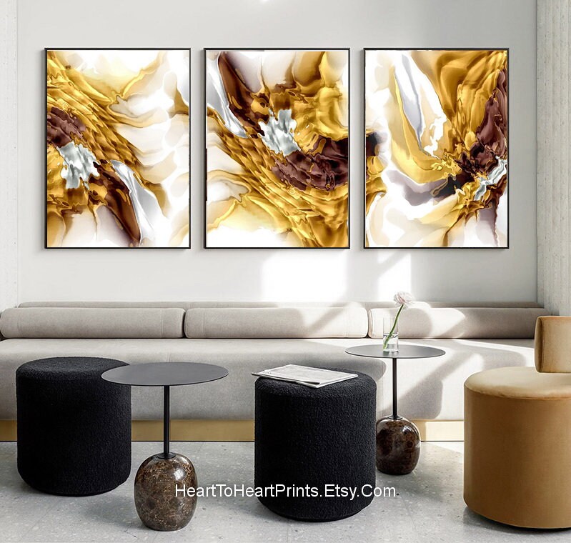 Yellow Brown Abstract Set of 3 Posters Large 18x24 Inch Abstract Canvas ...