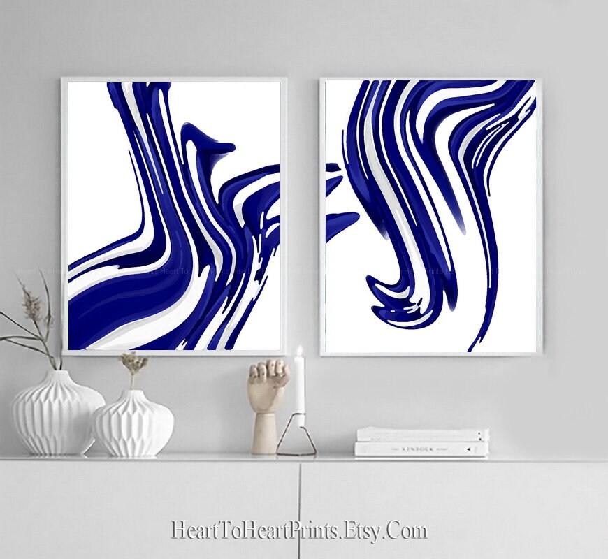 Blue Line Drawing Set of 2 Prints Blue Abstract Prints Navy Minimalist ...