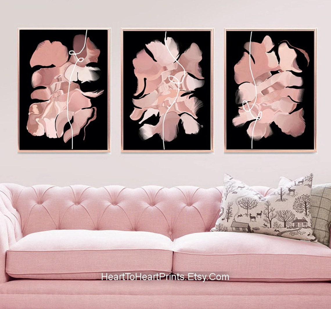 Pink Black Abstract Set of 3 Posters Brush Stroke Prints Set - Etsy