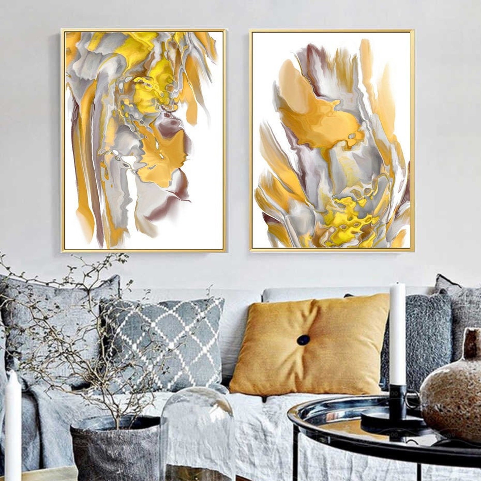 Yellow Gray Abstract Painting Set of 3 Printable Wall Art - Etsy
