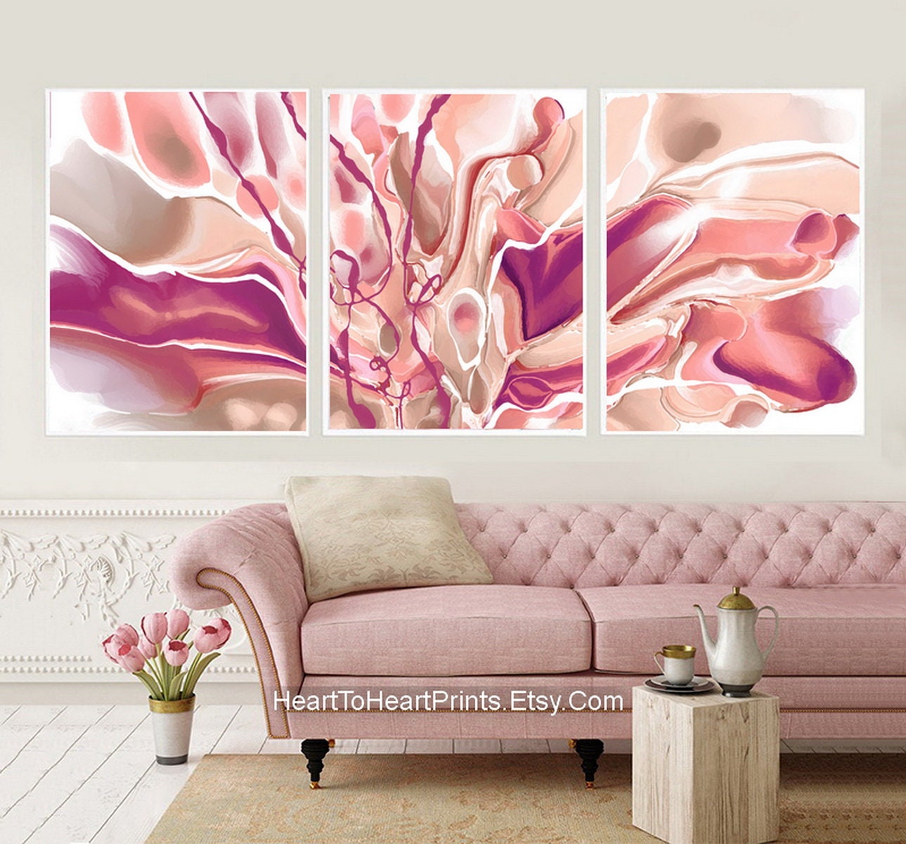 Pink Abstract Painting Set of 3 Blush Pink Maroon Abstract Art - Etsy