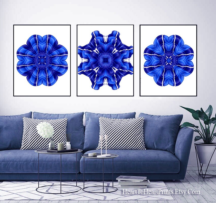 Royal Blue Wall Art Set of 3 Prints Blue Flower Printable Wall | Etsy