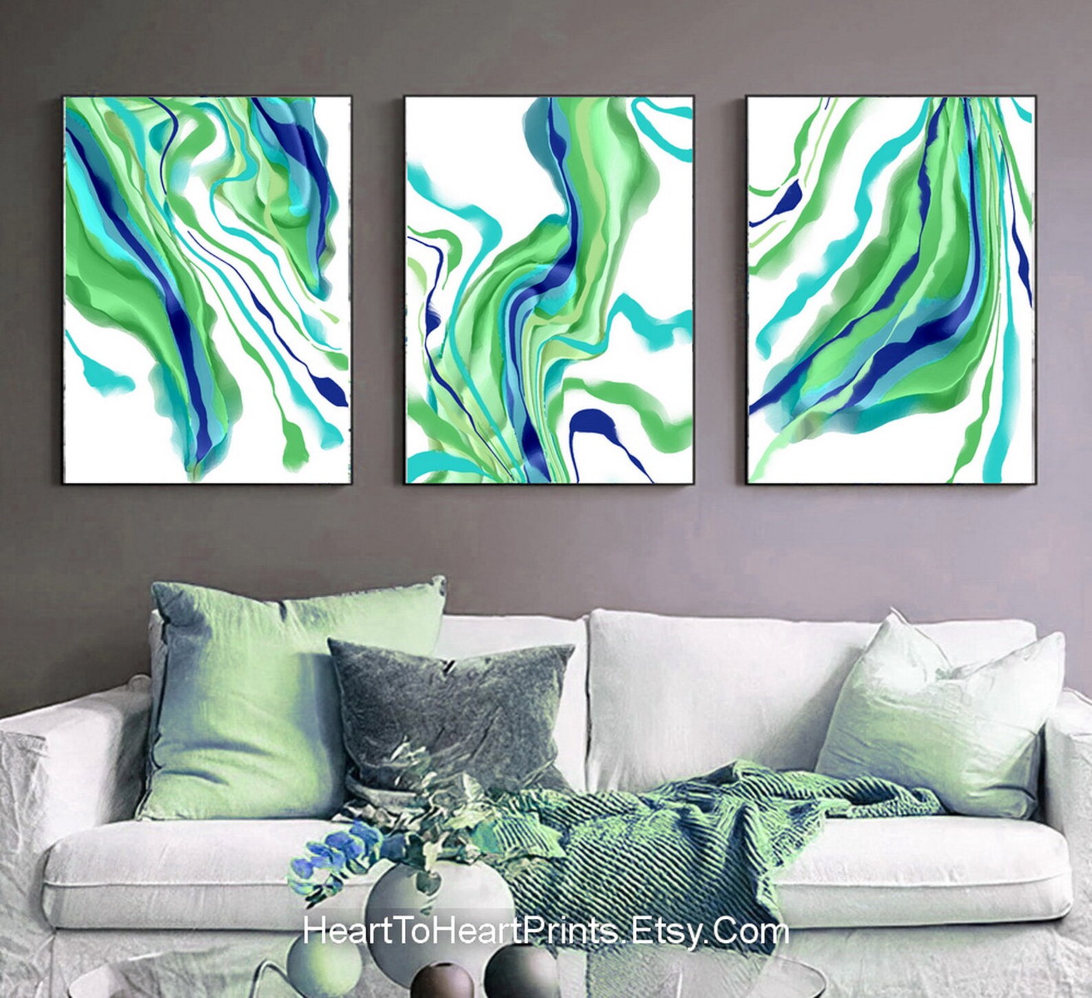 Green Abstract Painting Set of 3 Posters Lime Green Navy Blue Painting ...