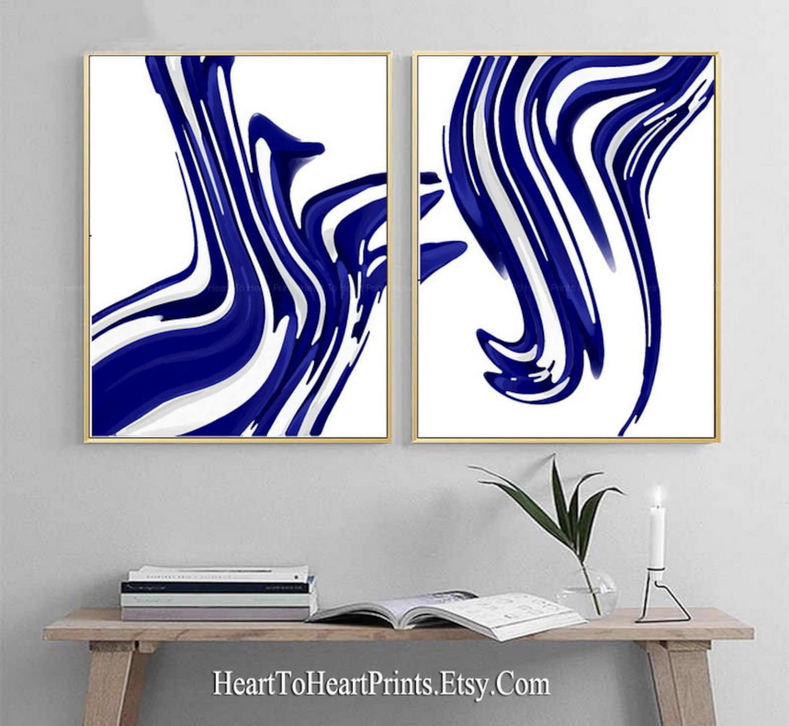 Blue Line Drawing Set of 2 Prints Blue Abstract Prints Navy - Etsy