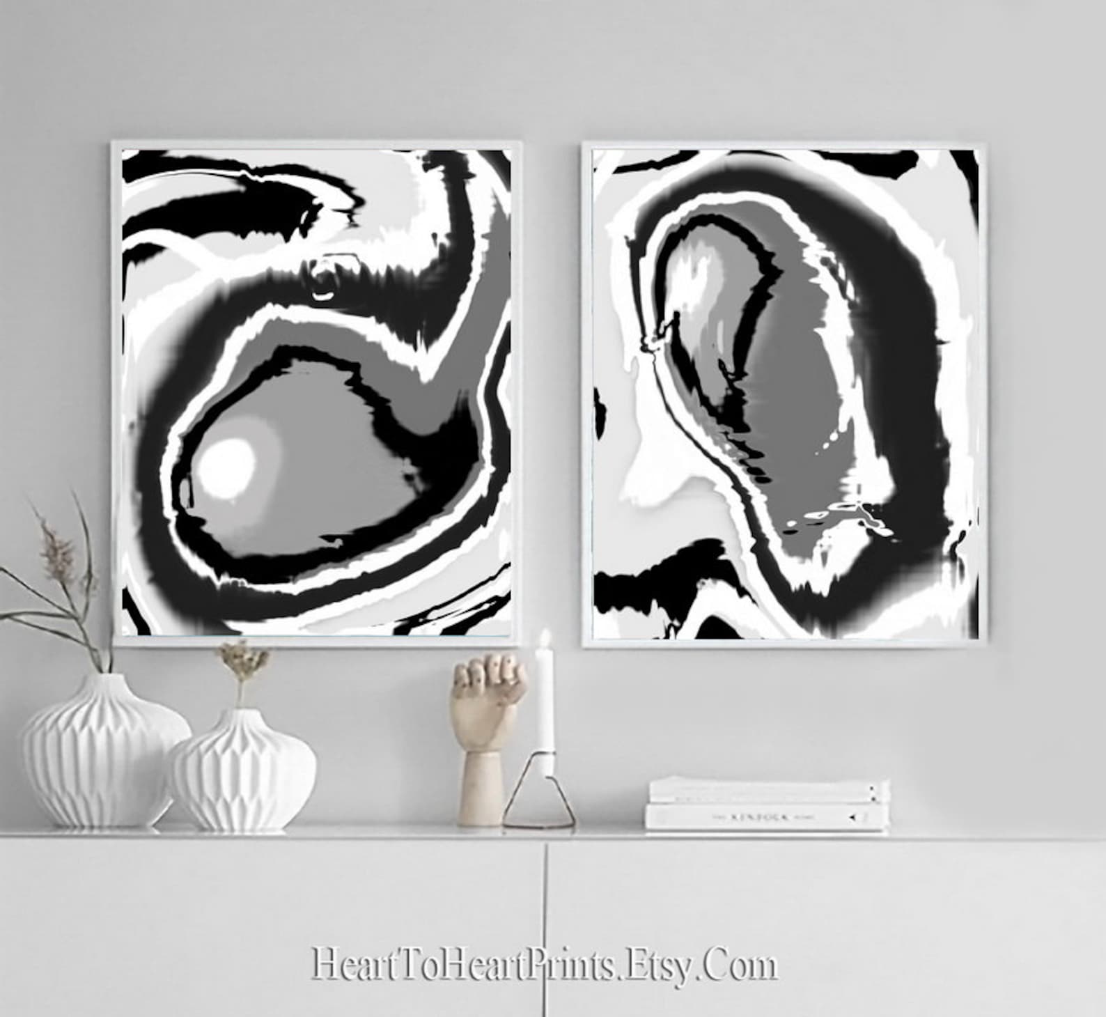 Black White Abstract Set of 2 Prints Printable Artwork Black | Etsy