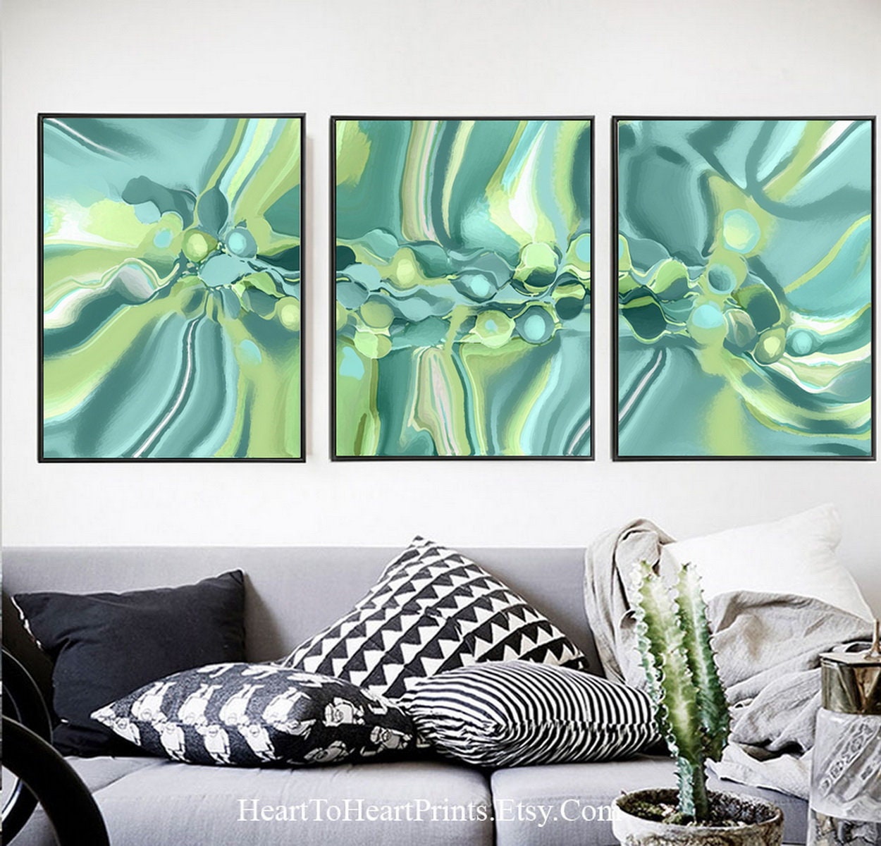Green Abstract Wall Art Set of 3 PRINTABLE Art Lime Teal Emerald ...
