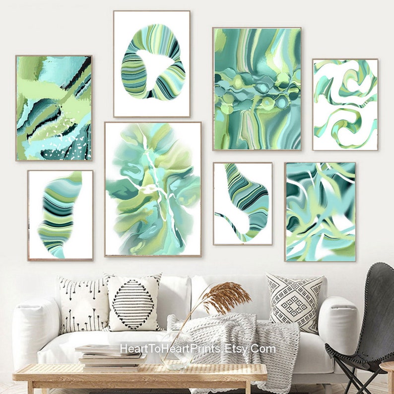 Green Abstract Gallery Wall Art Set of 12 Posters Lime Teal PRINTABLE ...