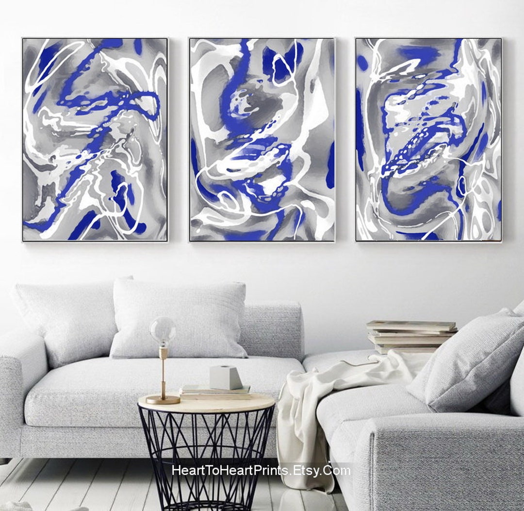 Silver Gray Blue Abstract Painting Set of 3 Print Modern - Etsy