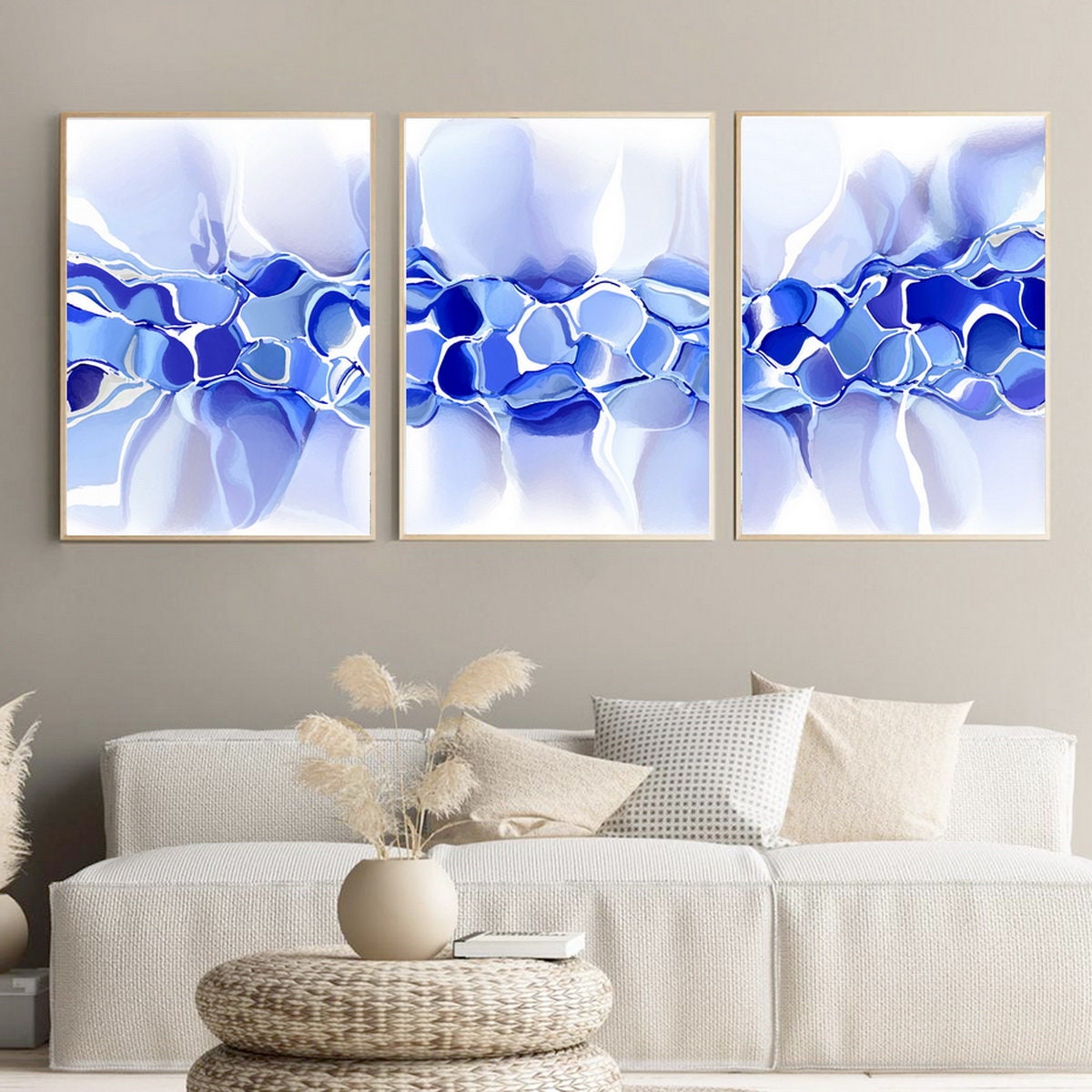 Light Blue Abstract Painting PRINTABLE Wall Art Set of 3 Extra Large ...
