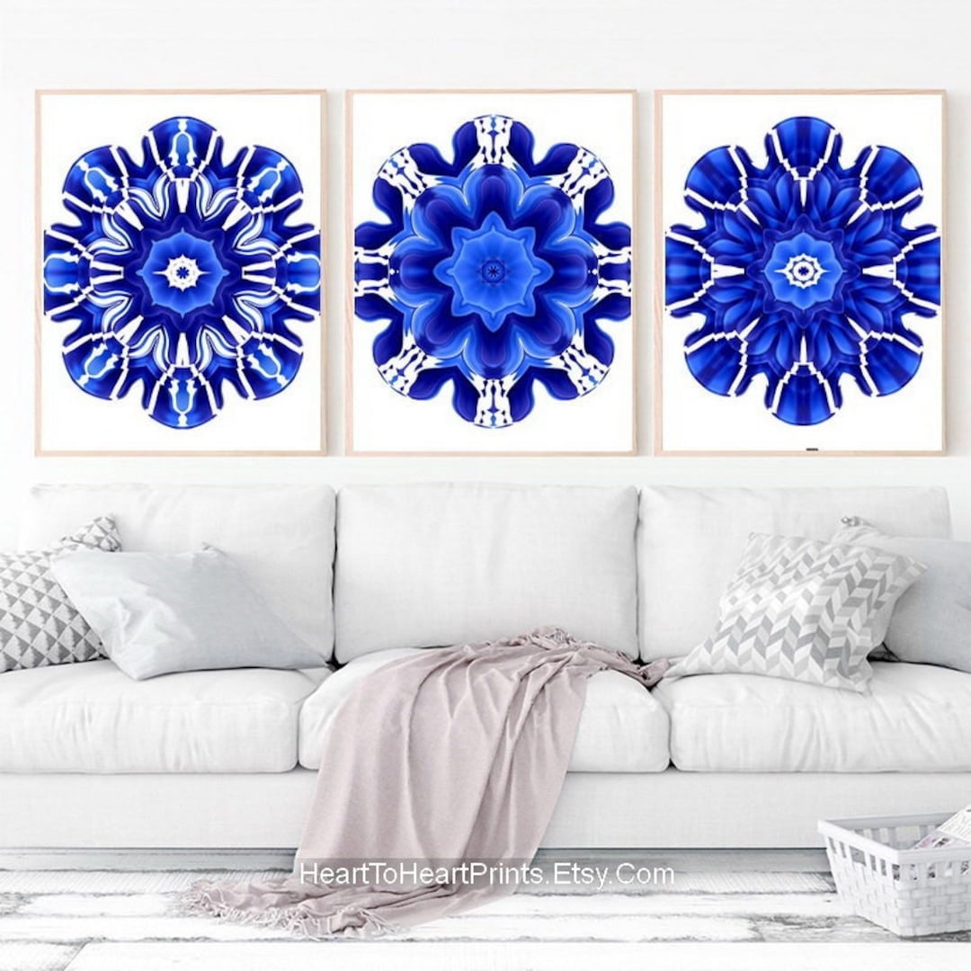 Royal Blue Wall Art Set of 3 Prints Blue Living Room Decor Bohemian ...