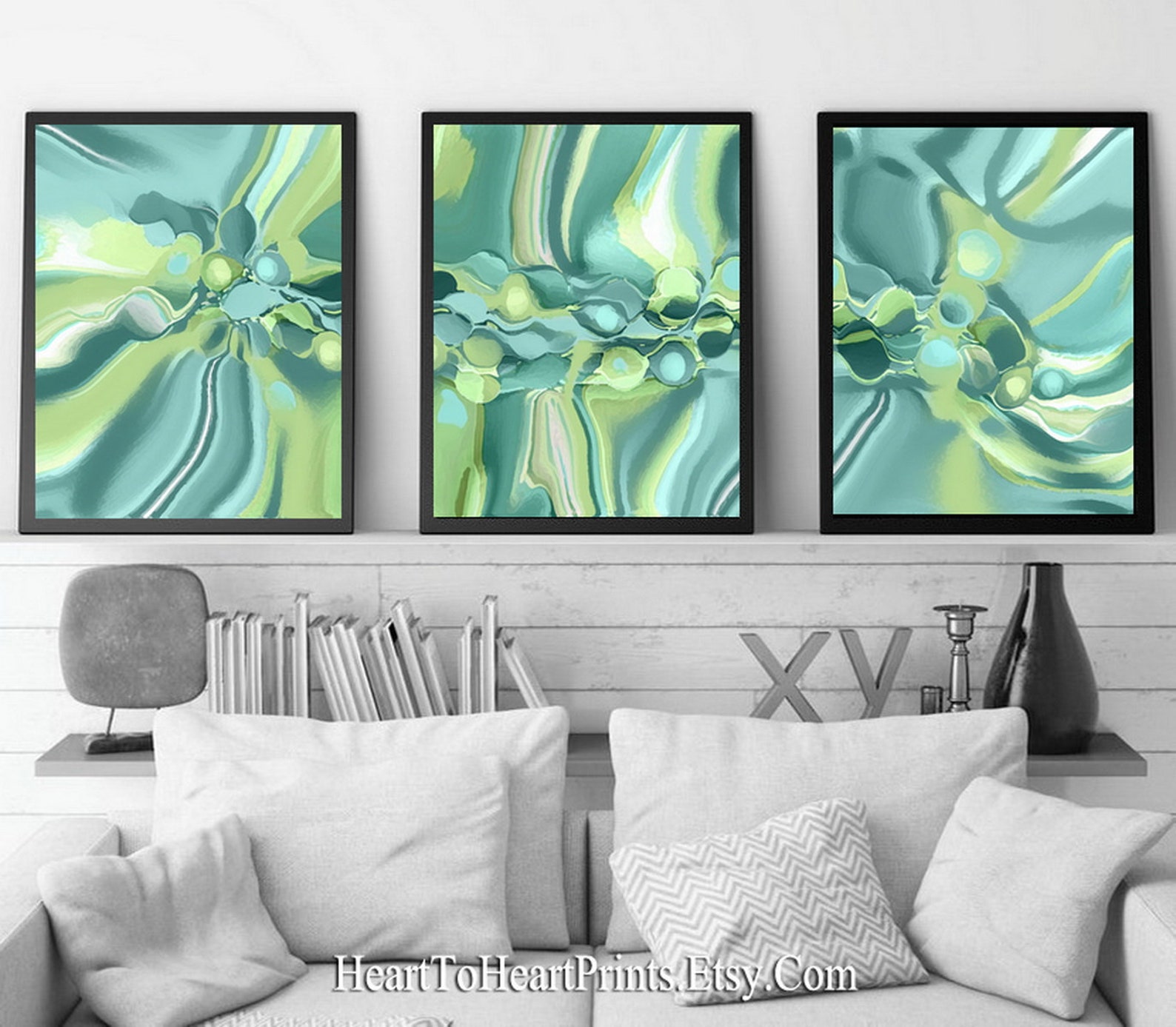 Green Abstract Wall Art Set of 3 PRINTABLE Art Lime Teal Emerald ...