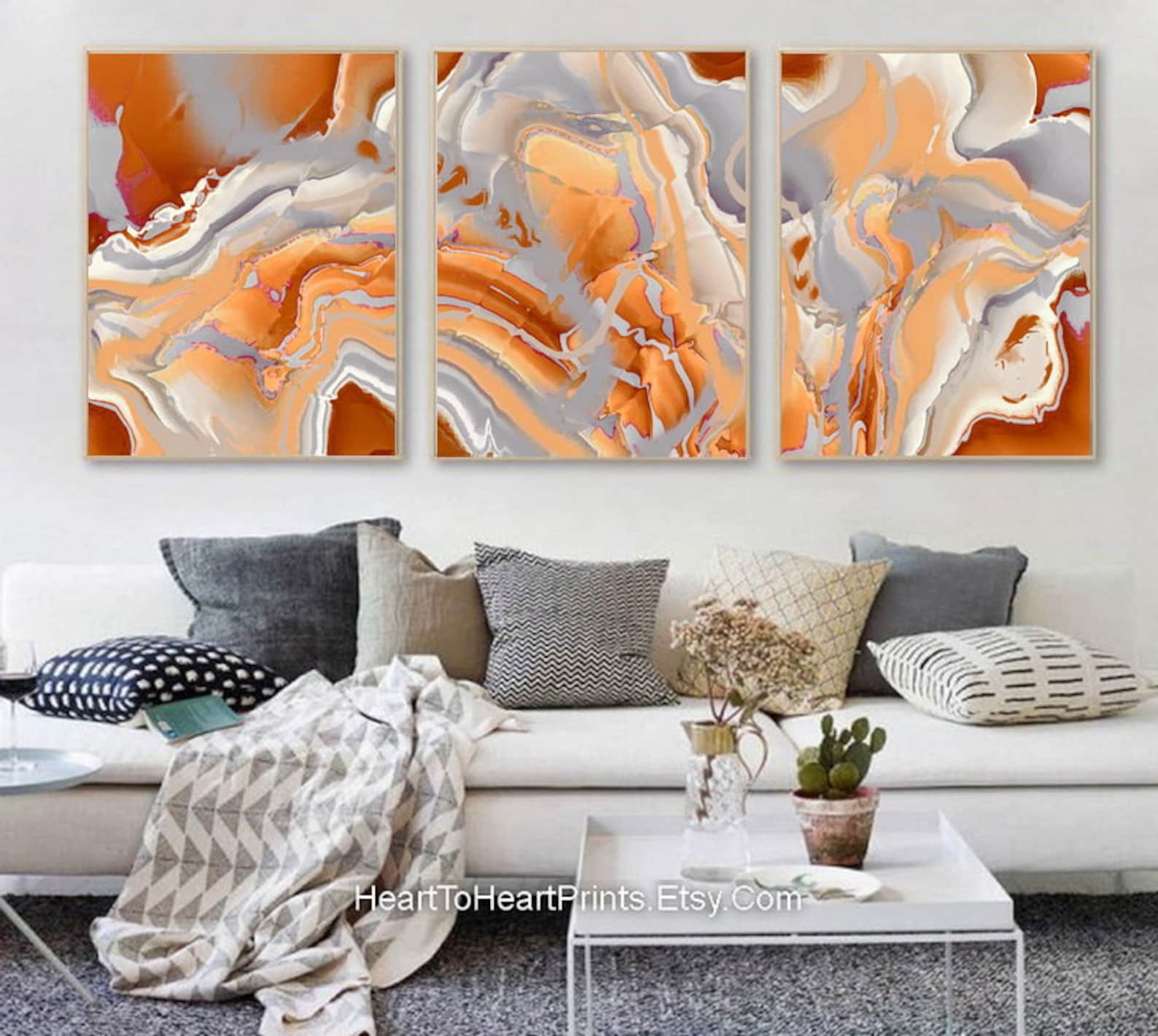 Orange Gray Wall Decor 3 Poster Set Canvas Abstract Painting - Etsy