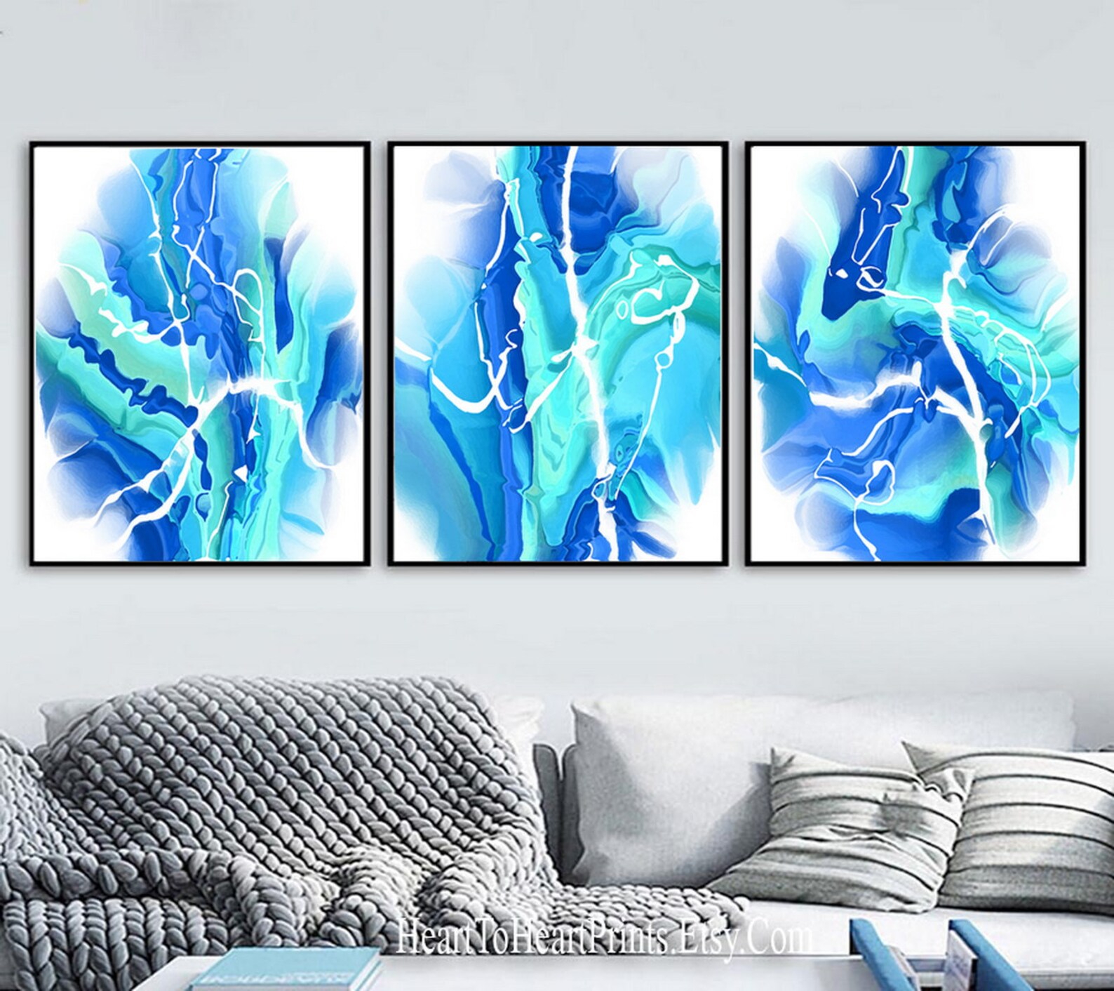 Turquoise Abstract Wall Art Set of 3 PRINTABLE Art Aqua Blue Abstract ...