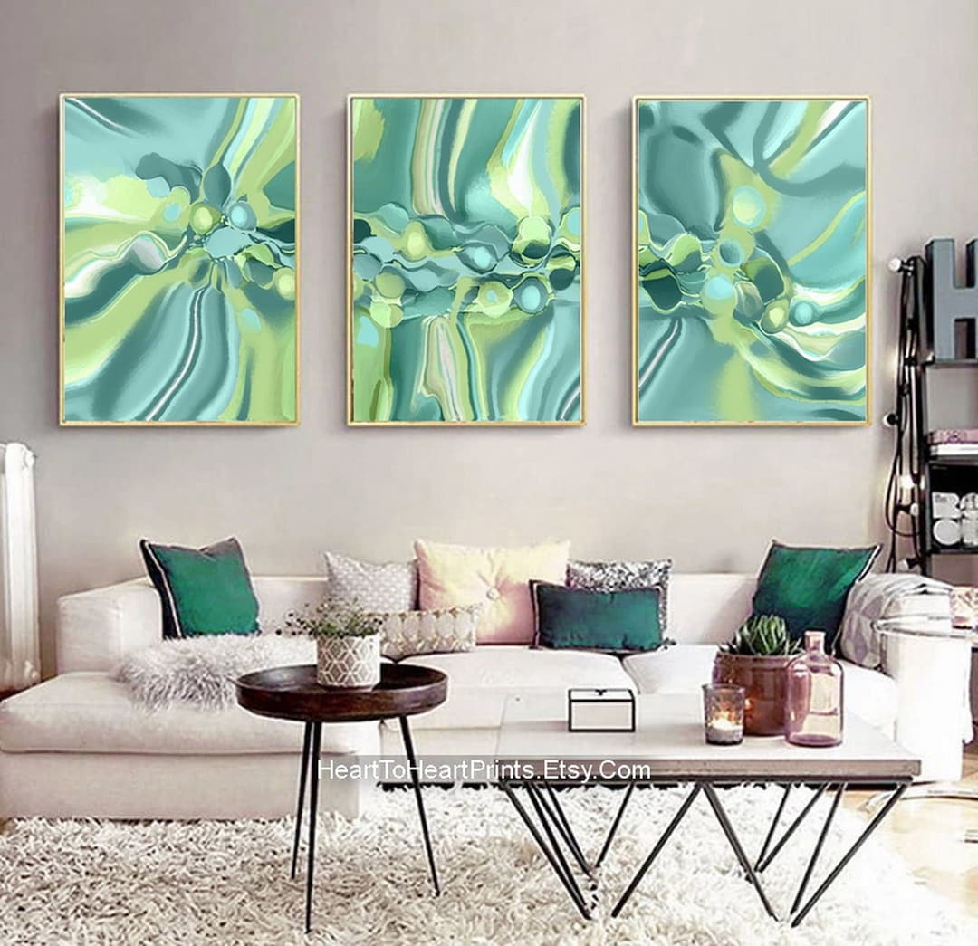 Green Abstract Wall Art Set of 3 PRINTABLE Art Lime Teal Emerald ...
